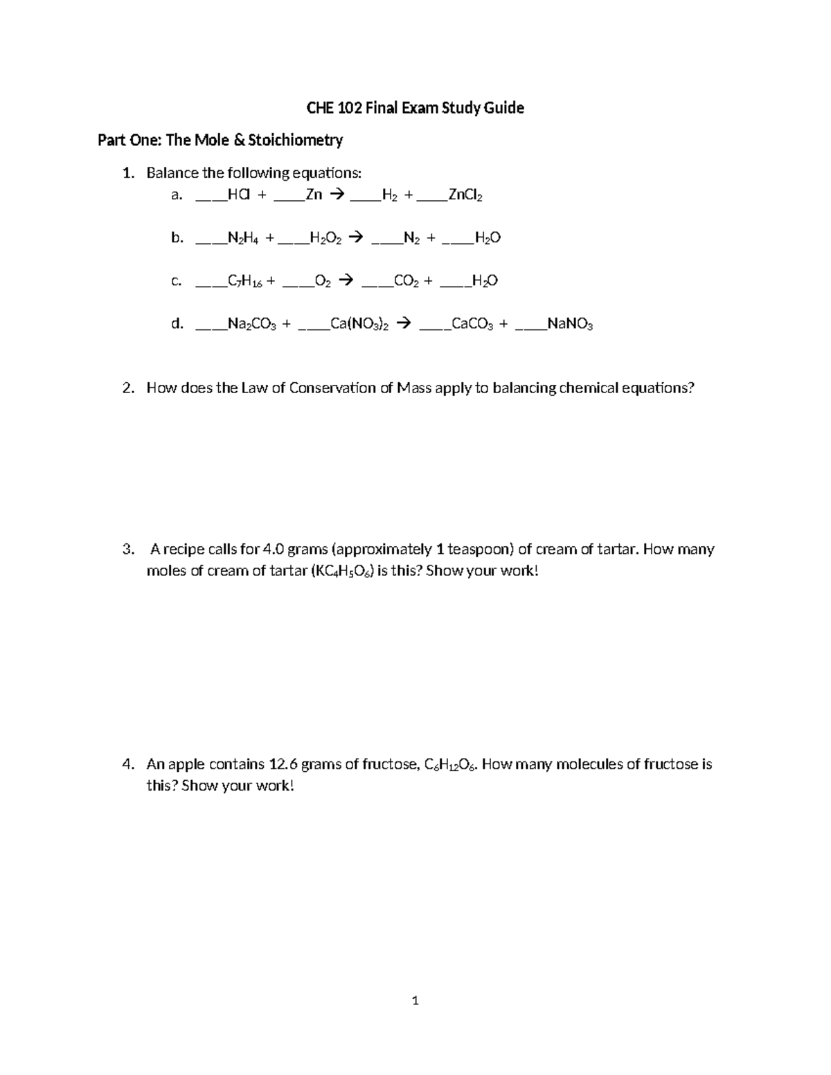 CHE 102 Final Exam Study Guide Fa23 - CHE 102 Final Exam Study Guide ...