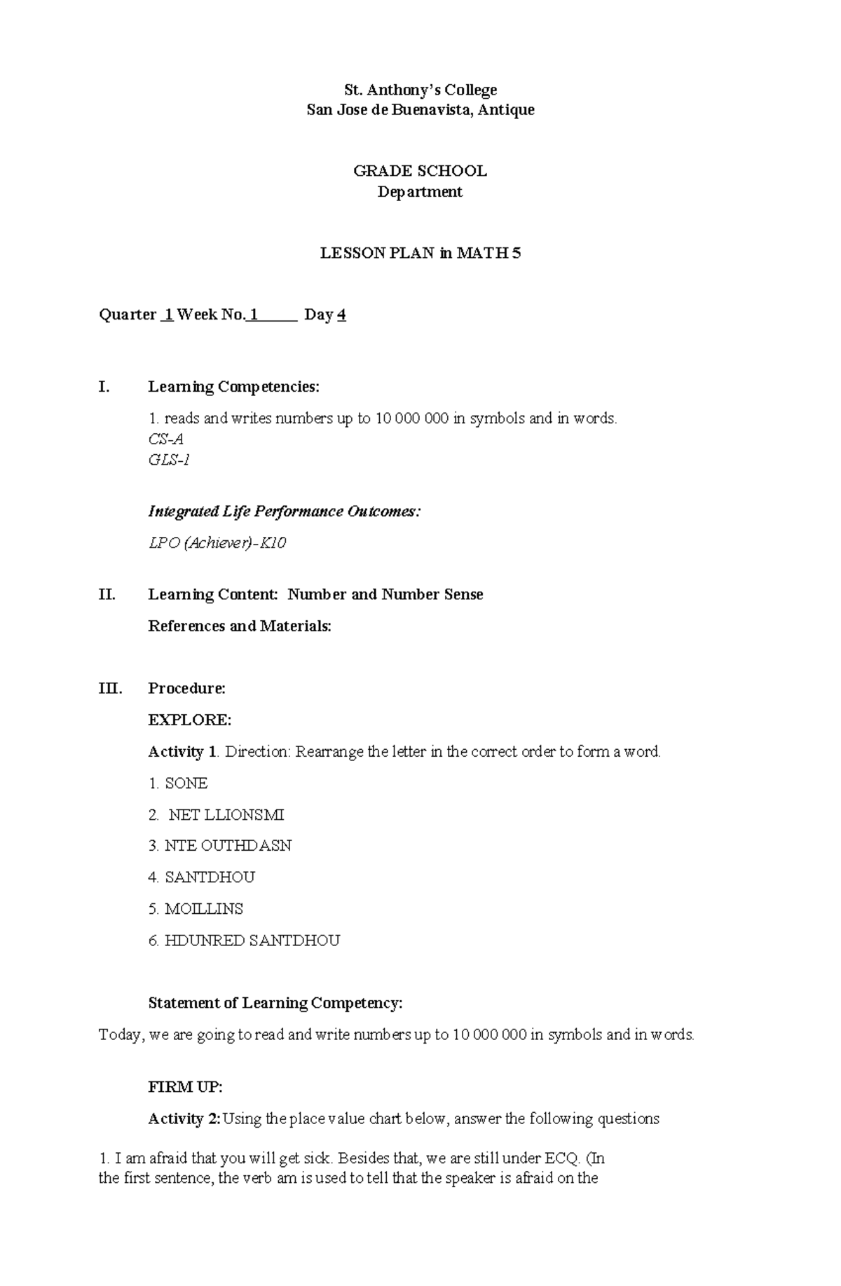 Math 5 Q1 Week 4 - Lesson plan in Math - St. Anthony’s College San Jose ...