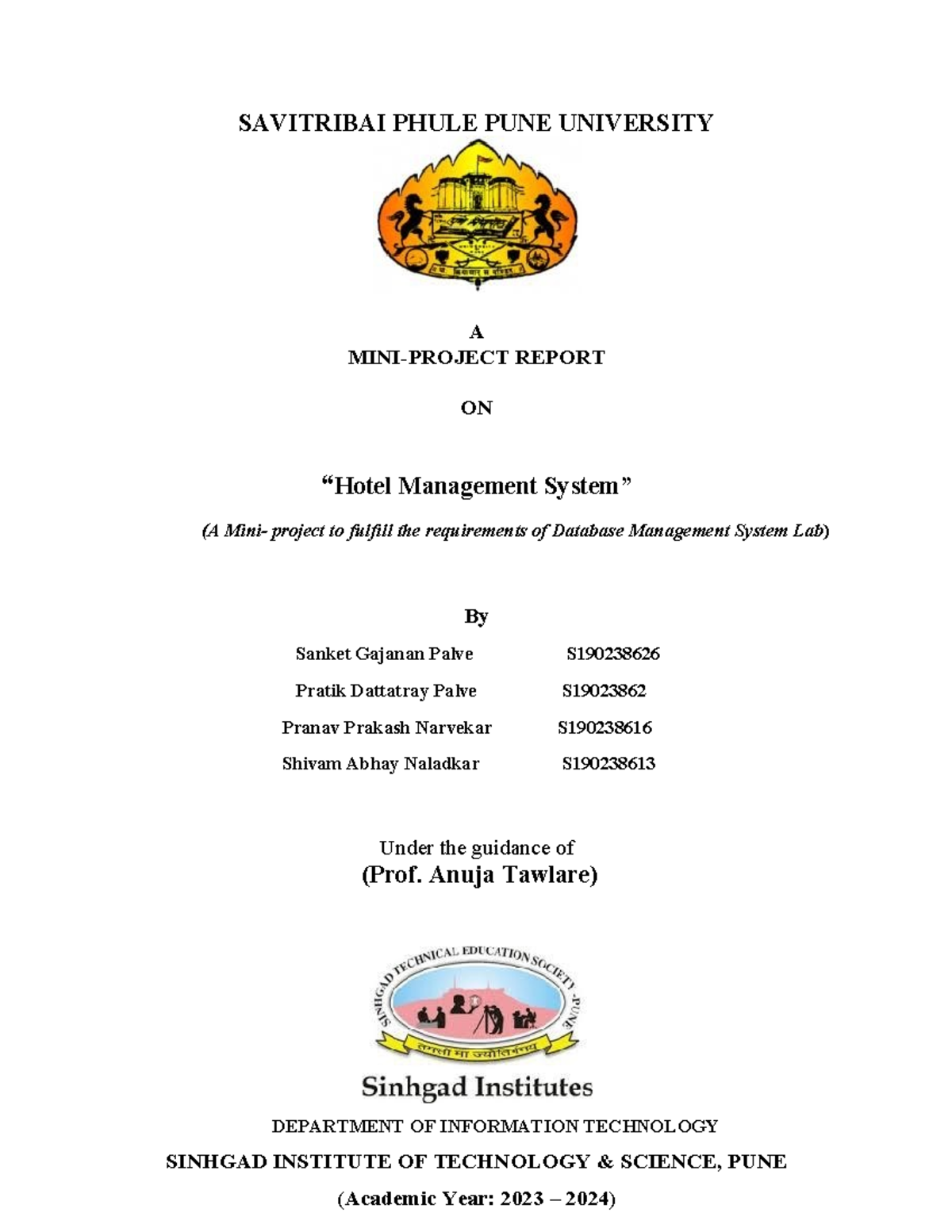 DBMS Mini Project Booklet Sanket - SAVITRIBAI PHULE PUNE UNIVERSITY A ...