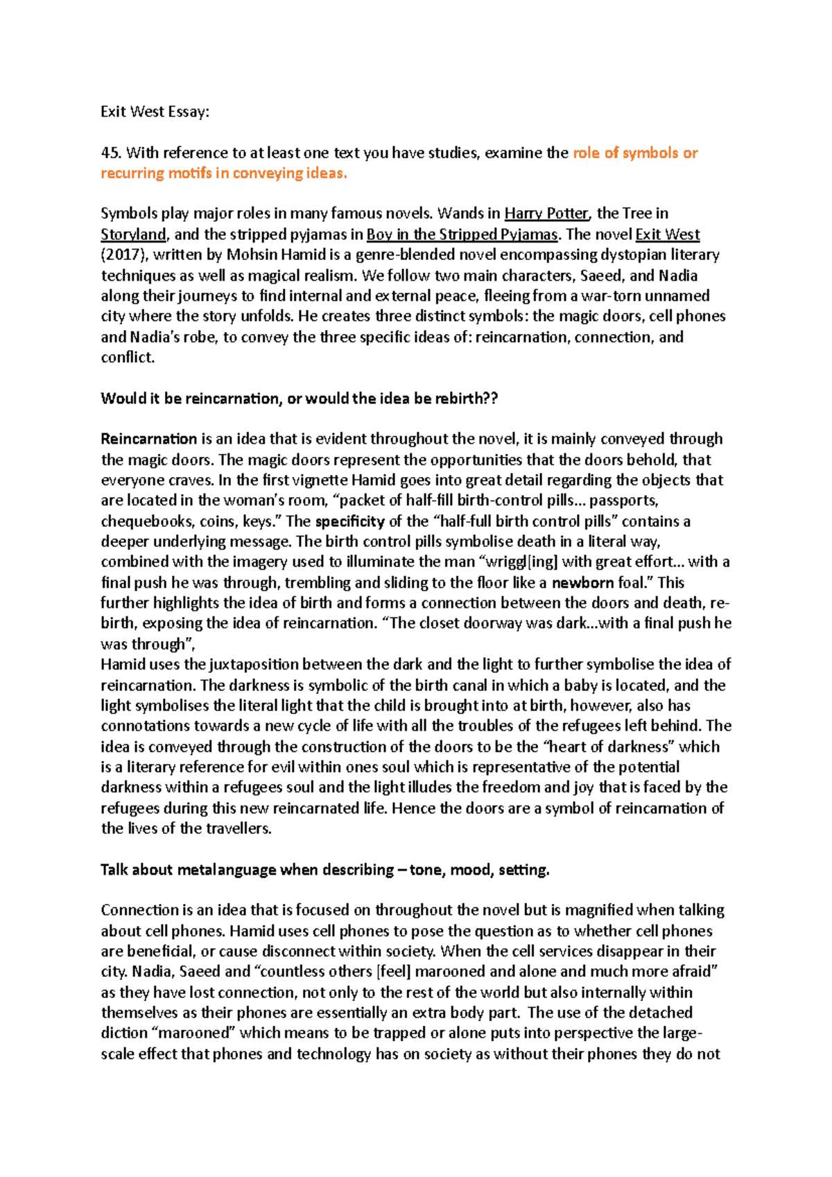 Exit West Essay - Symbols + Motifs - Exit West Essay: With reference to ...