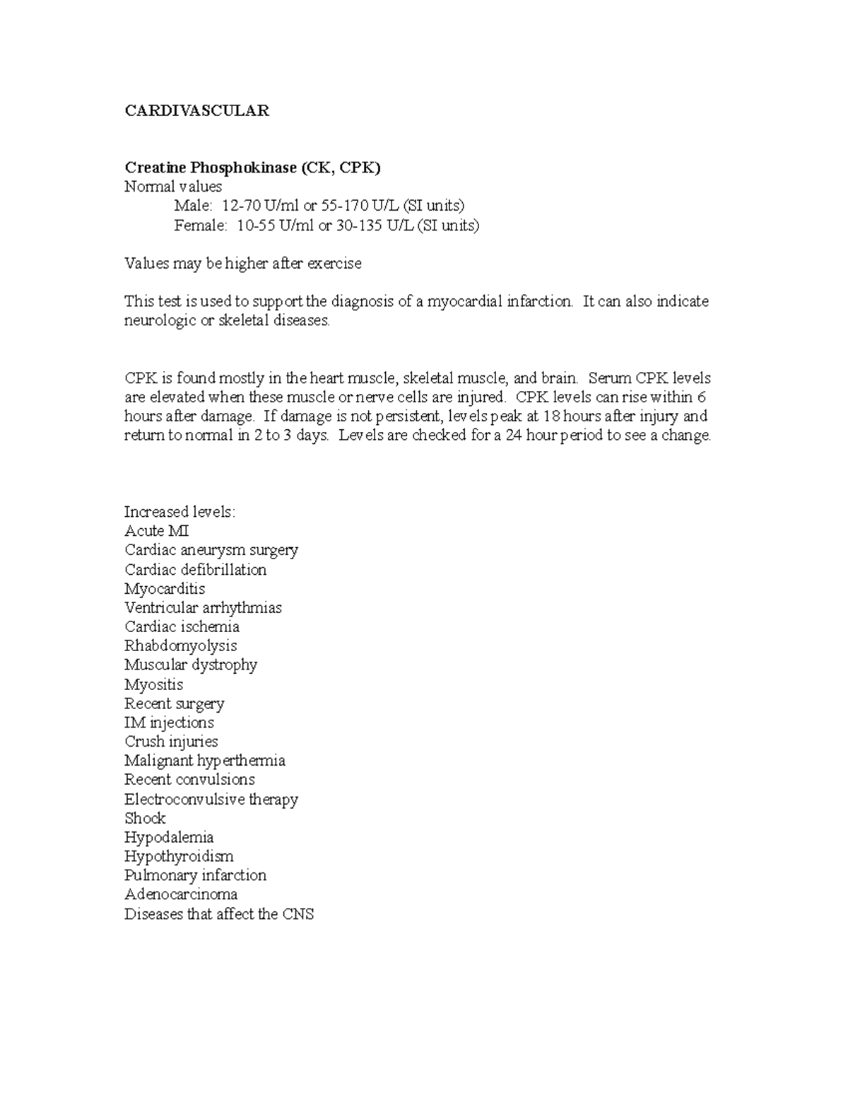 Creatine Phosphokinase - CARDIVASCULAR Creatine Phosphokinase (CK, CPK ...