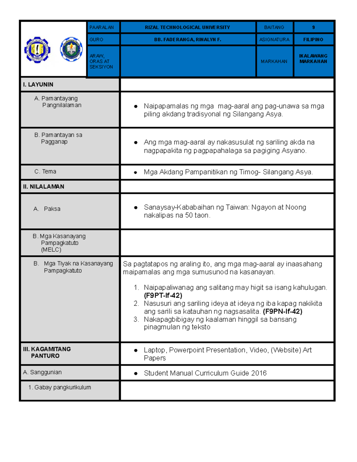 Lesson Plan (Panitikan) - PAARALAN RIZAL TECHNOLOGICAL UNIVERSITY ...
