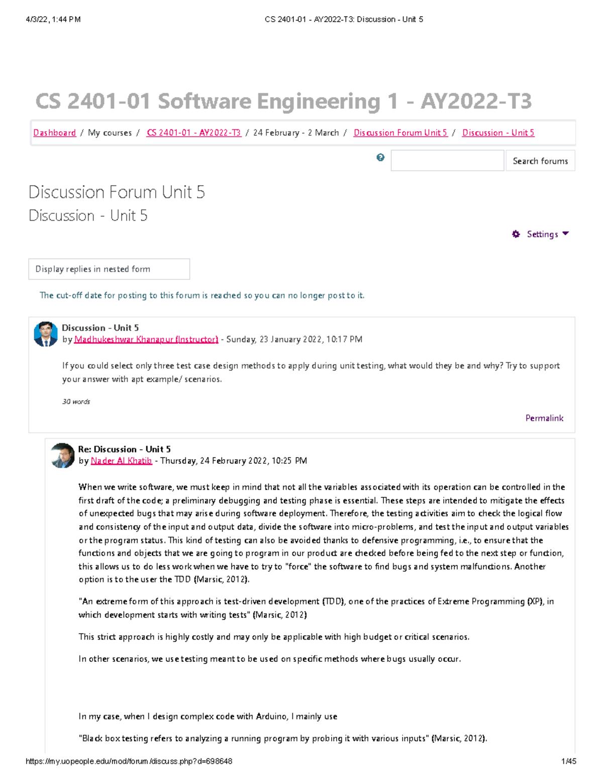 CS 2401-01 - AY2022-T3 Discussion - Unit 5 - CS 2401-01 Software ...