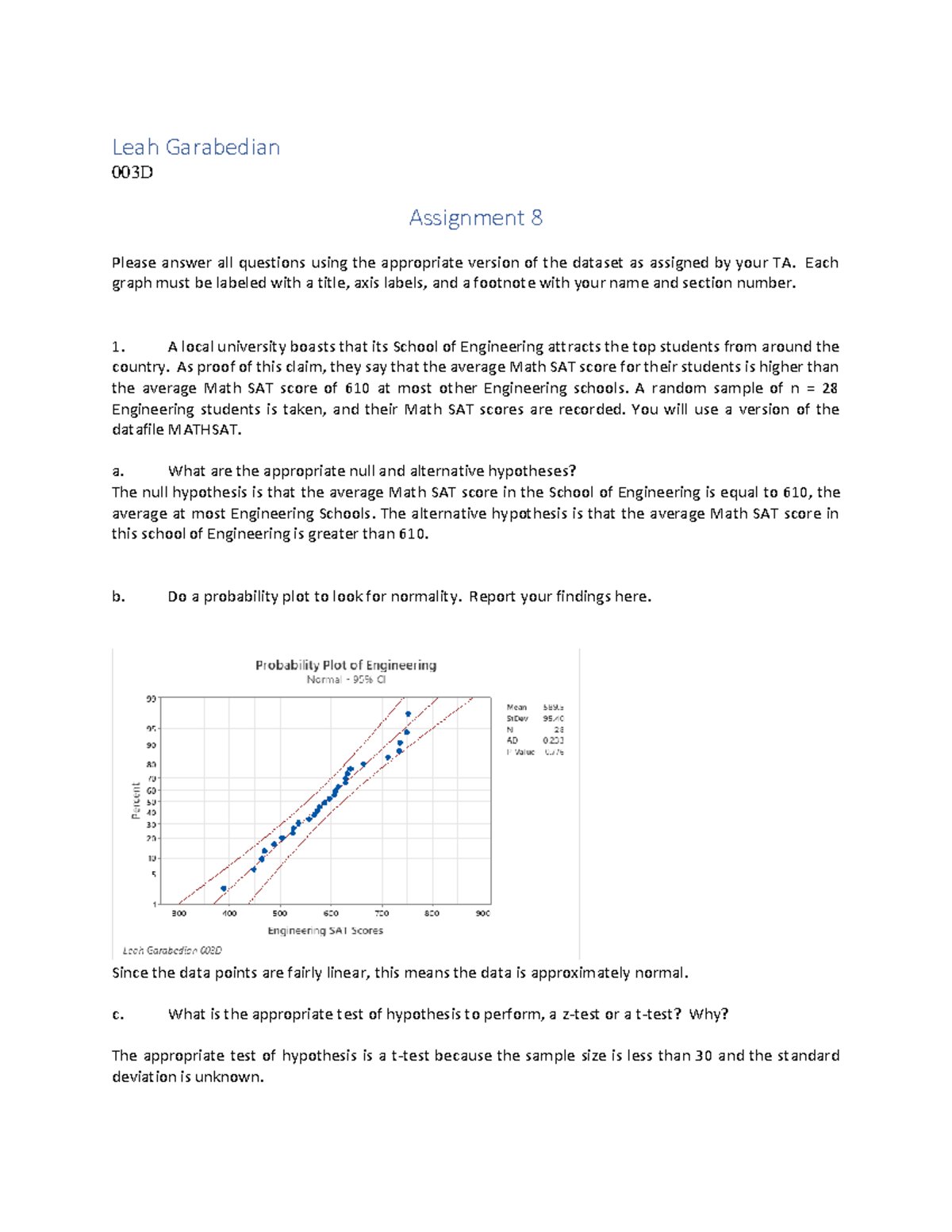 Minitab 8 - minitab homework assignment (Prof Zhanna Pozdnyakova) - Leah Garabedian 003D ...