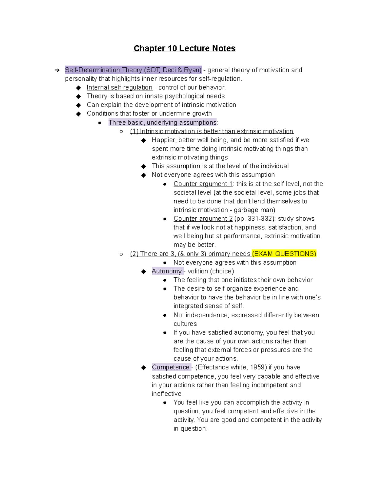 Motivation Ch 10, 13 & 14 - Chapter 10 Lecture Notes Self-Determination ...