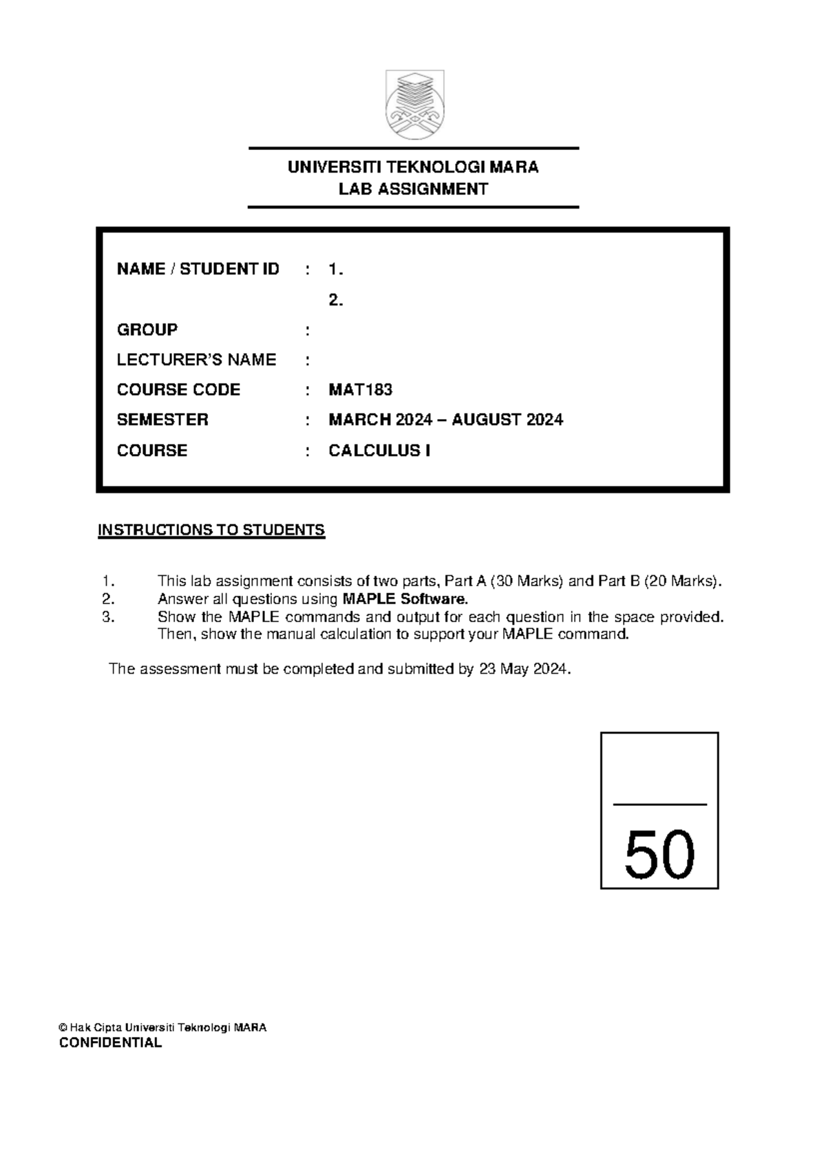 MAT183 LAB Assignment ( Answer) 240523 234050 - © Hak Cipta Universiti ...