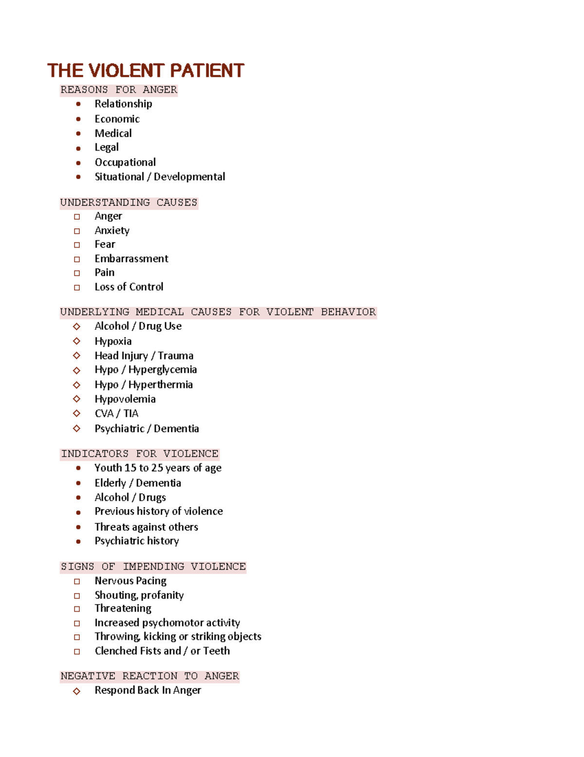 THE Violent Patient - Lecture notes 4 - REASONS FOR ANGER Relationship ...
