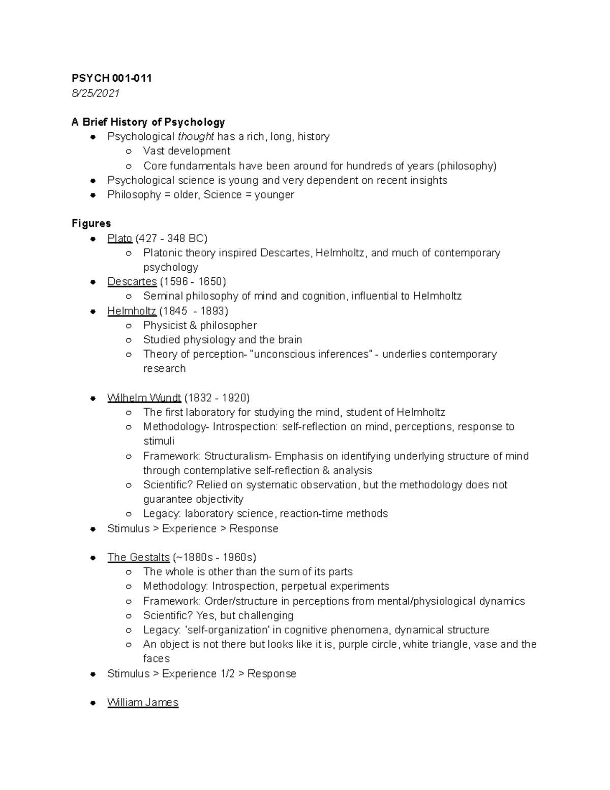 Psych 001-011 EXAM 1 Notes - PSYCH 001- 8/25/ A Brief History of ...