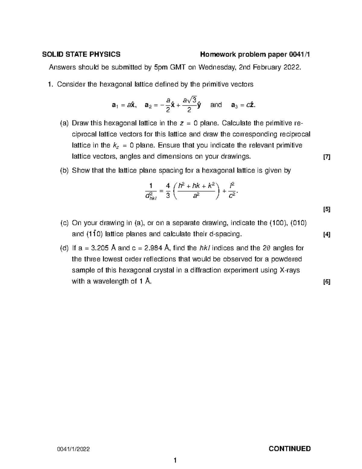 PHAS0041: Solid State Physics (21/22) Problem Sheet 1 Question Paper ...