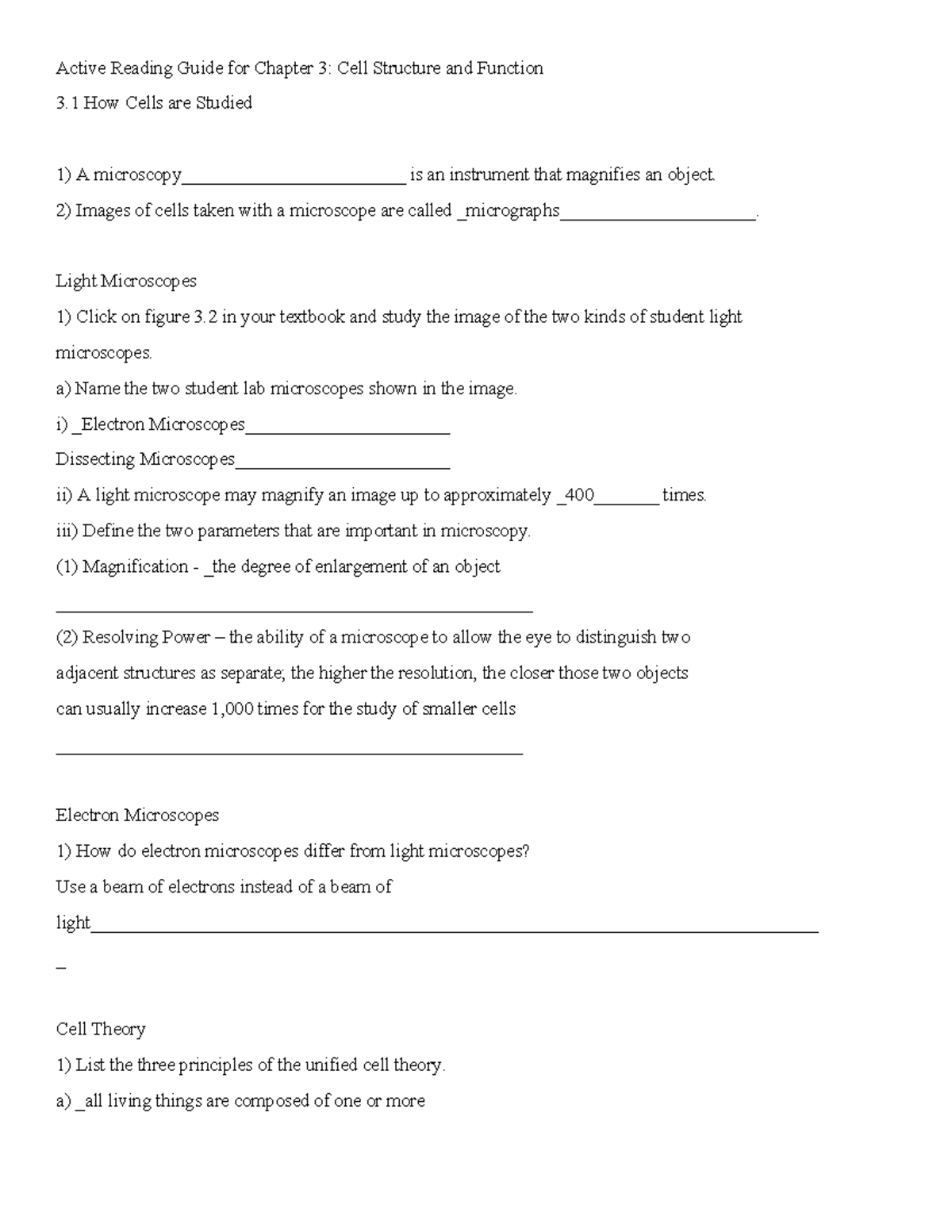 Chapter 3 ARG(1) - answers - Active Reading Guide for Chapter 3: Cell Structure and Function 3 ...