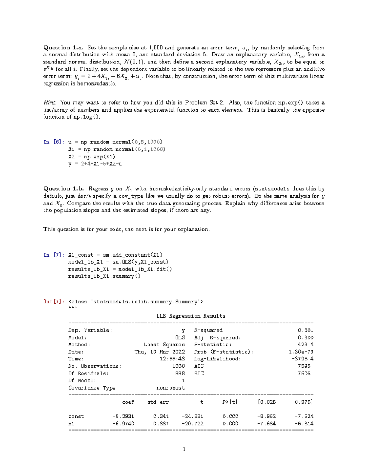 ECON 140 ps3 - Problem set 3 - Question 1. Set the sample size at 1,000 and generate an error ...
