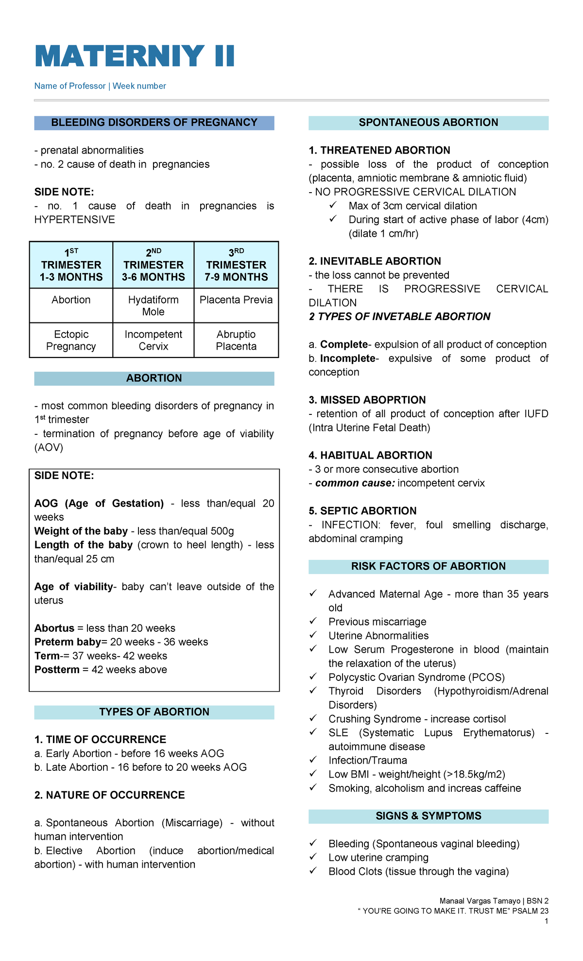Maternity 2 - Maternal - Name of Professor | Week number Manaal Vargas ...