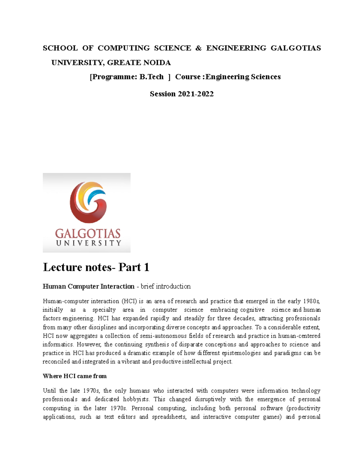 Hci Notes In This Lecture Human Computer Interaction And Its Brief Introduction Have Been