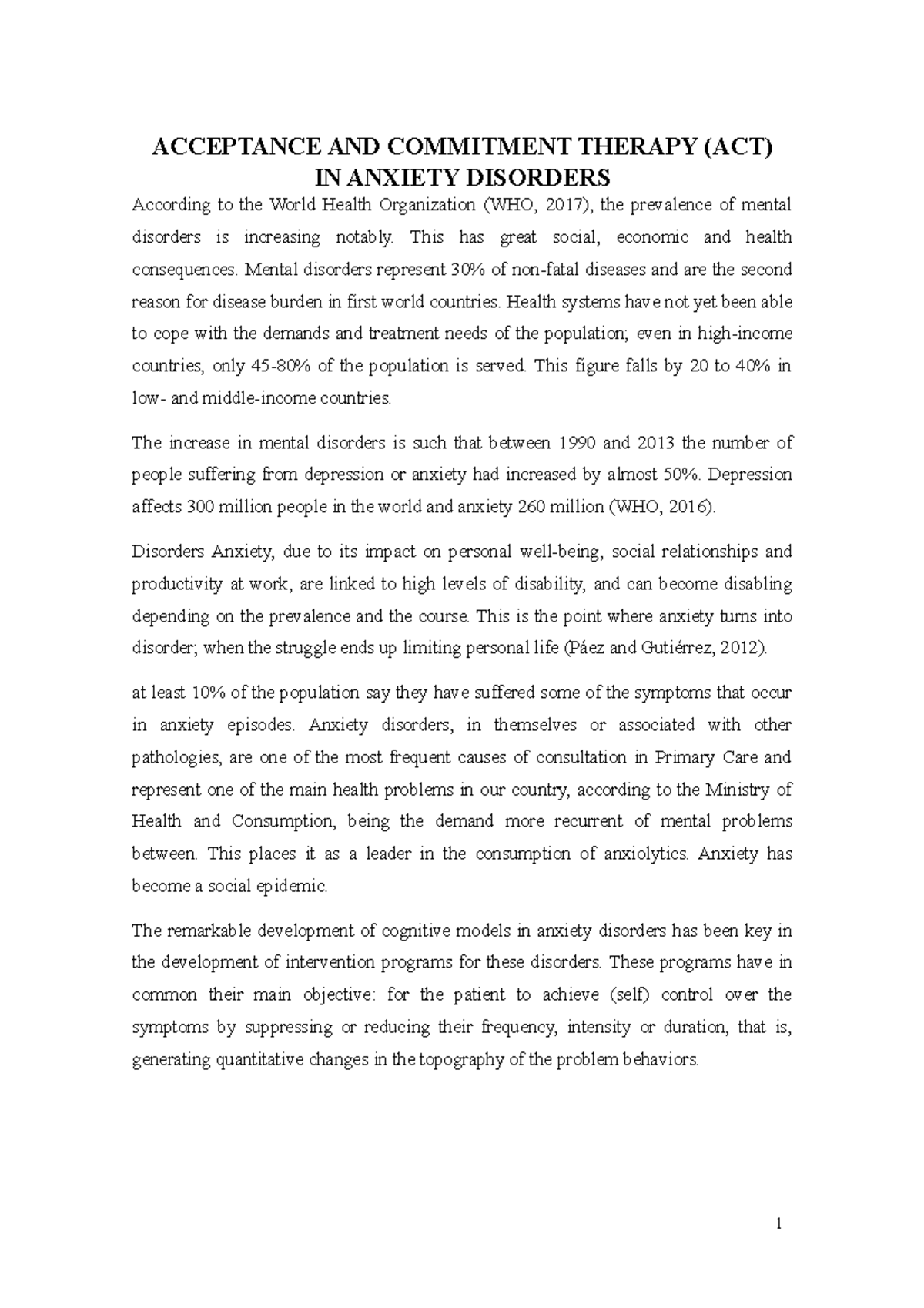 Acceptance AND Commitment Therapy (ACT) IN Anxiety Disorders - 1 ...