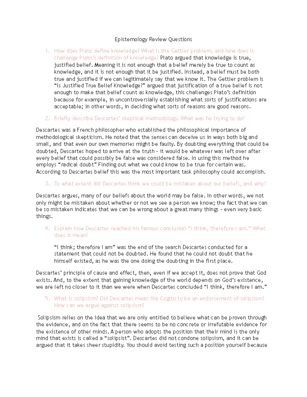 Epistemology I Short-Answer Review Questions - Epistemology Review ...