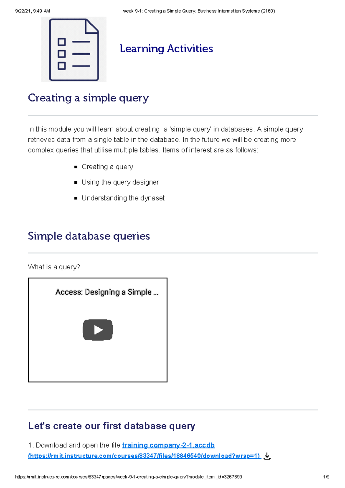 Week 9-1 Creating a Dynamic Query Business Information Systems (2160 ...
