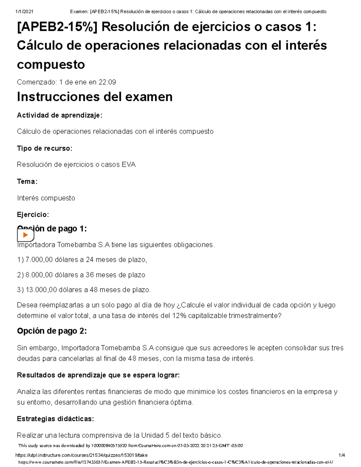 Examen APEB2 15 Resoluci n de ejercicios o casos 1 C lculo de operaciones relacionadas con el i ...