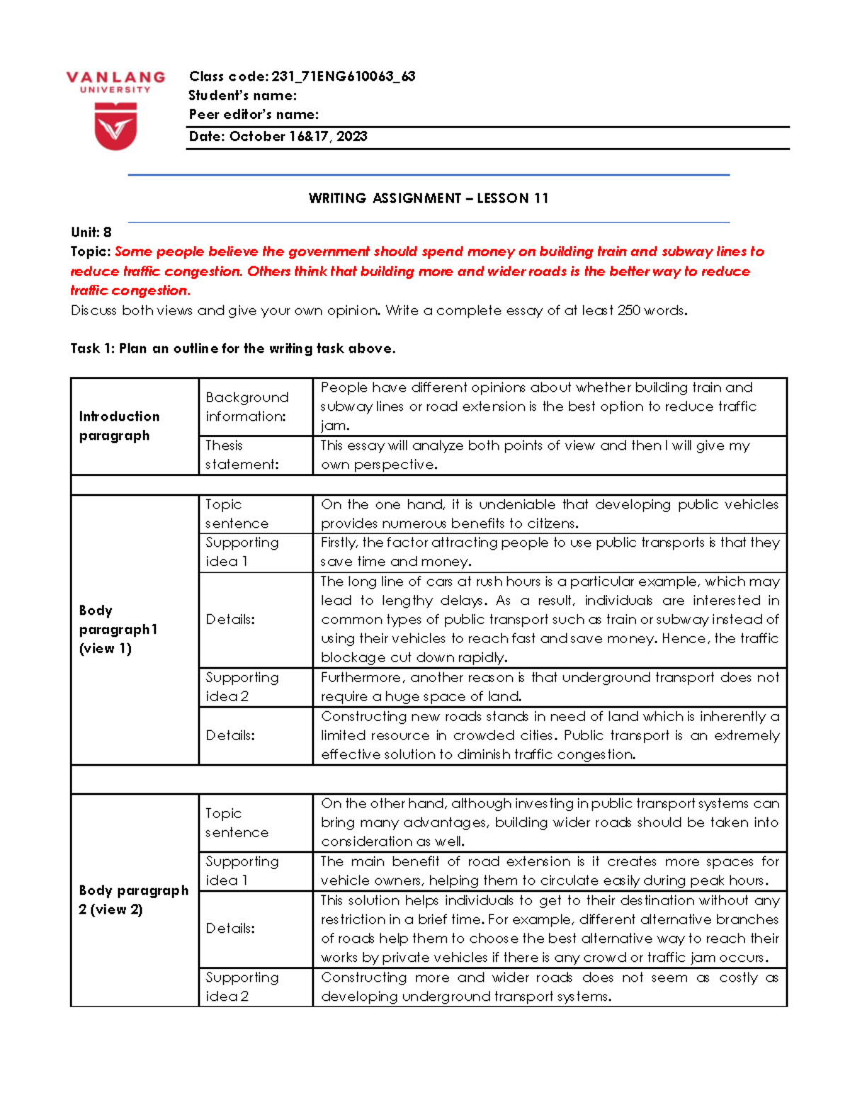 Lesson 11 Writing Task Discussion Essay - Class code: 231_71ENG610063_ 63 Student’s name: Peer ...