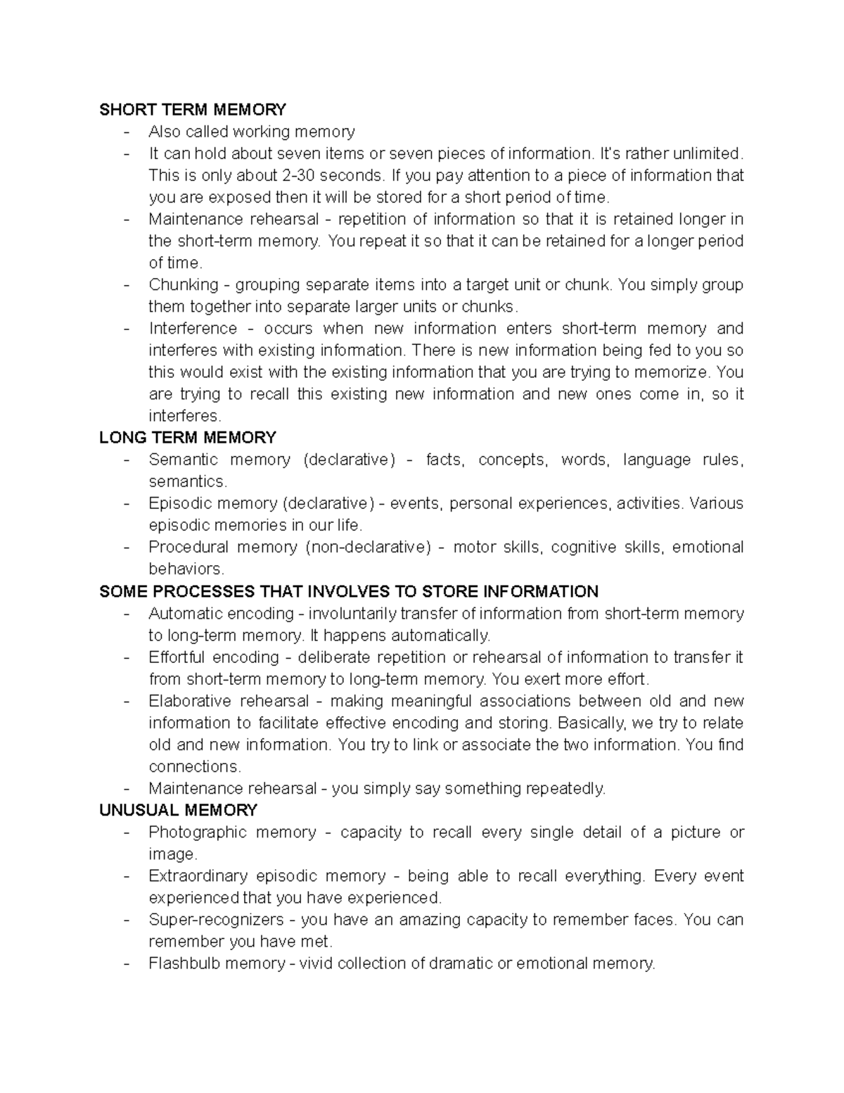 PSY100 Memory - SHORT TERM MEMORY Also called working memory It can ...