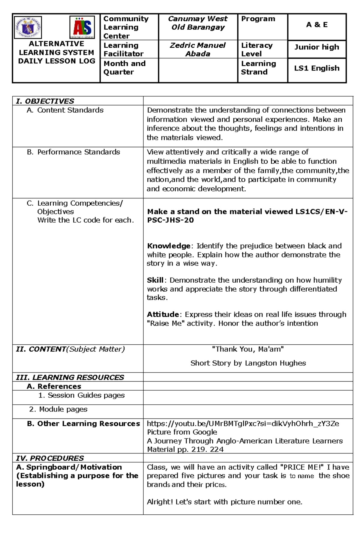 DLL- Format-1zedric.docxaaaaaaa - ALTERNATIVE LEARNING SYSTEM DAILY ...