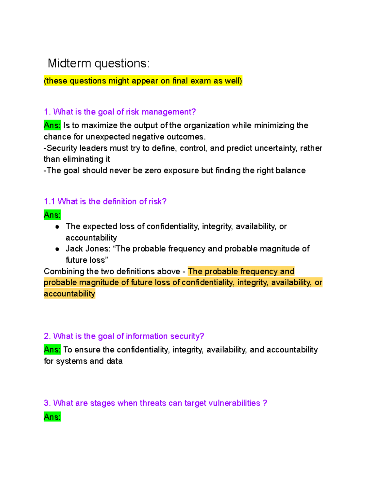 ITEC 3500 - Final EXAM Review - Midterm questions: (these questions ...