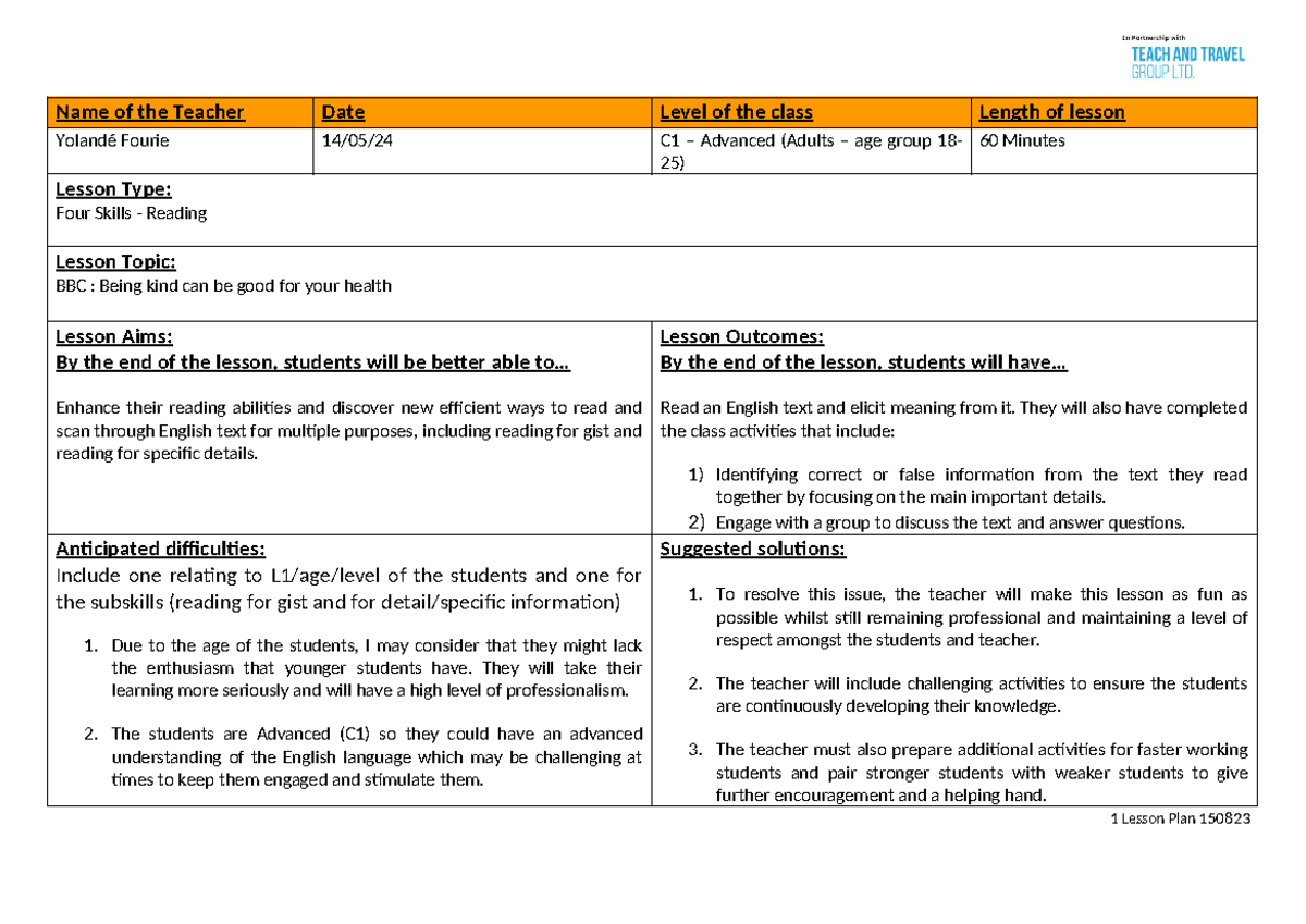 Yolande Fourie - Lesson Plan - Four Skills - Reading - Name of the ...