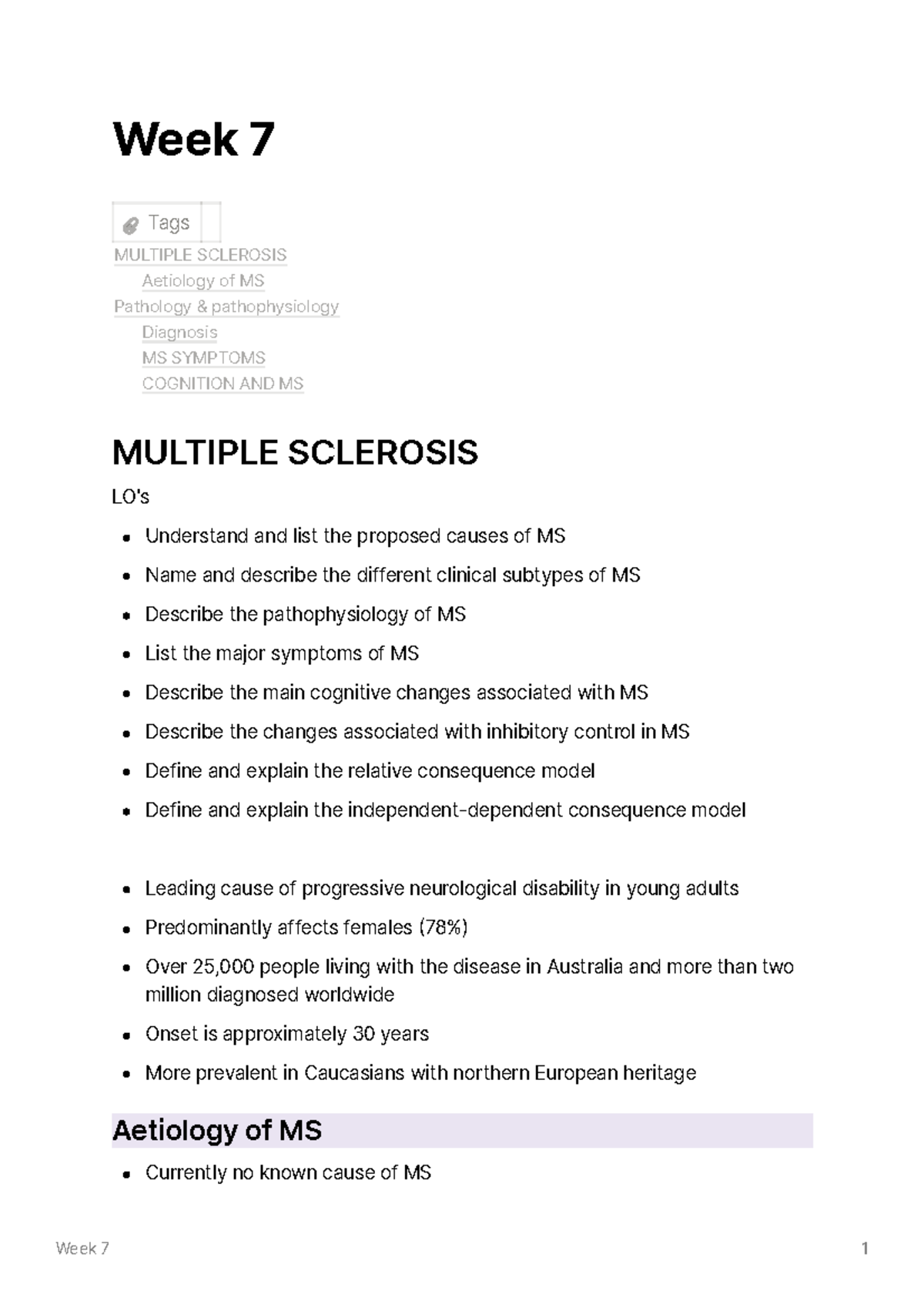 PSY3180 Week 7 notes - Week 7 Tags MULTIPLE SCLEROSIS LO's Understand ...