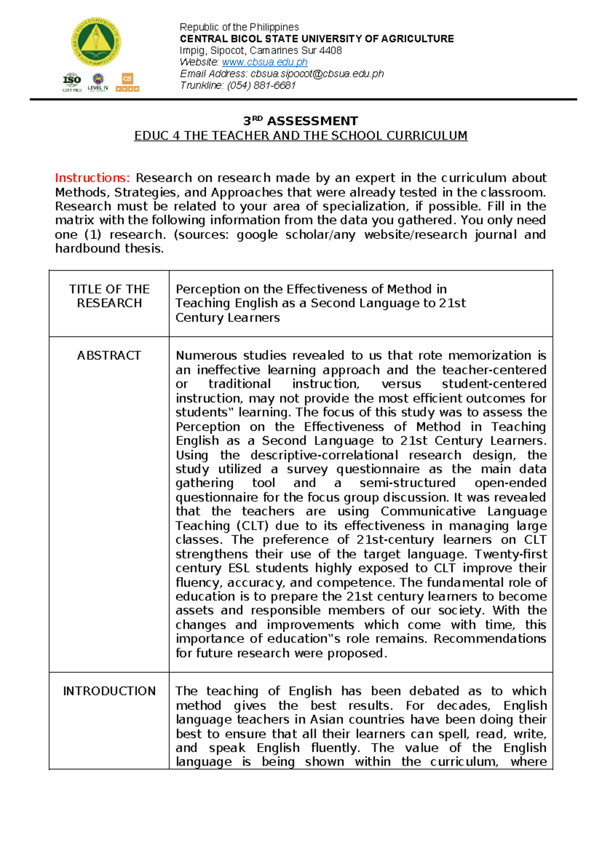 A3-EDUC4 - EDUC 4 - 3 RD ASSESSMENT EDUC 4 THE TEACHER AND THE SCHOOL ...