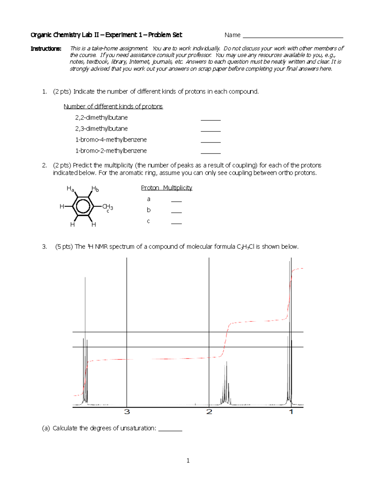 1H NMR Problem Set - Practice Exam Material - Organic Chemistry Lab II ...