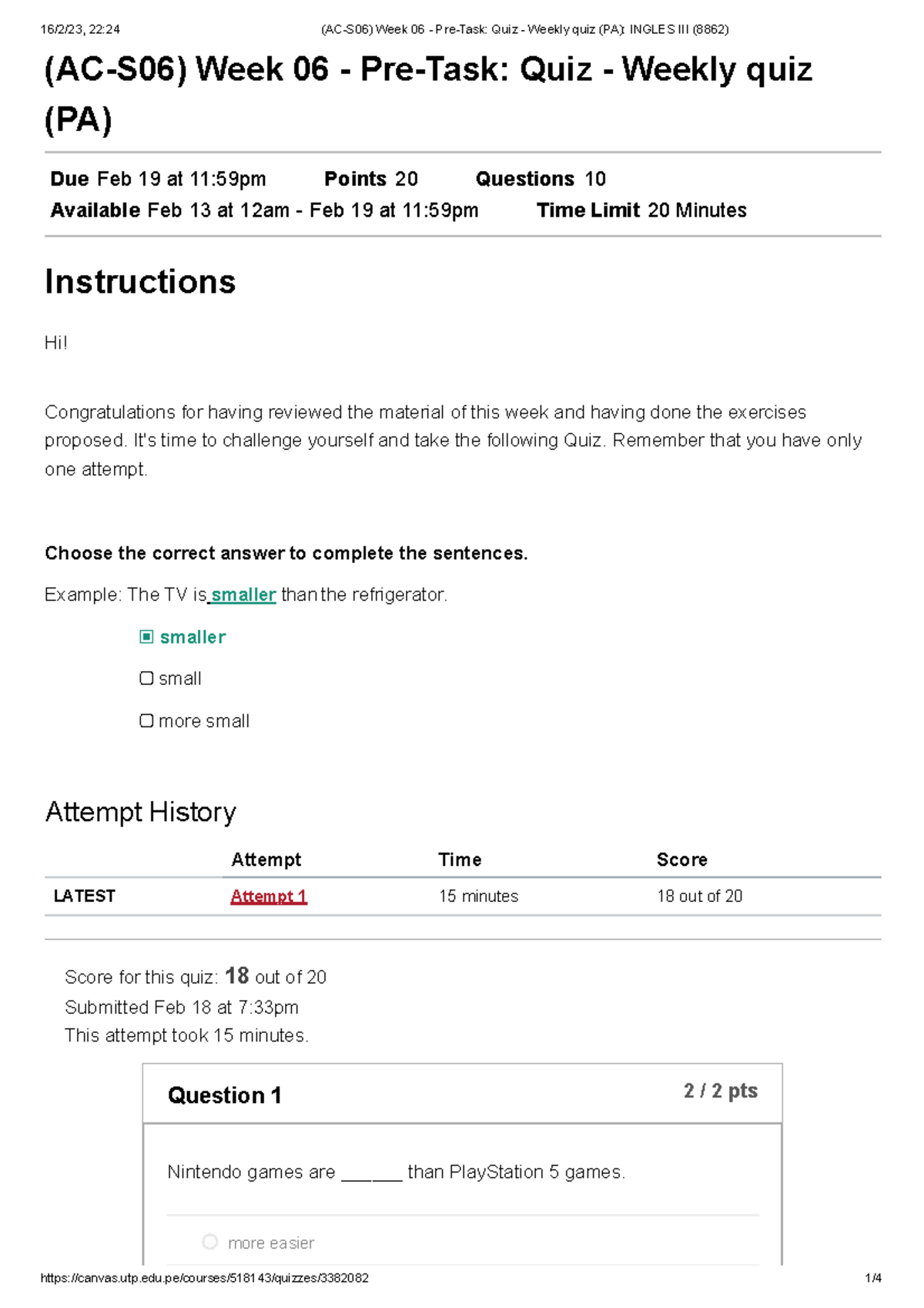 (AC-S06) Week 06 - Pre-Task Quiz - Weekly quiz (PA) Ingles III (8862 ...