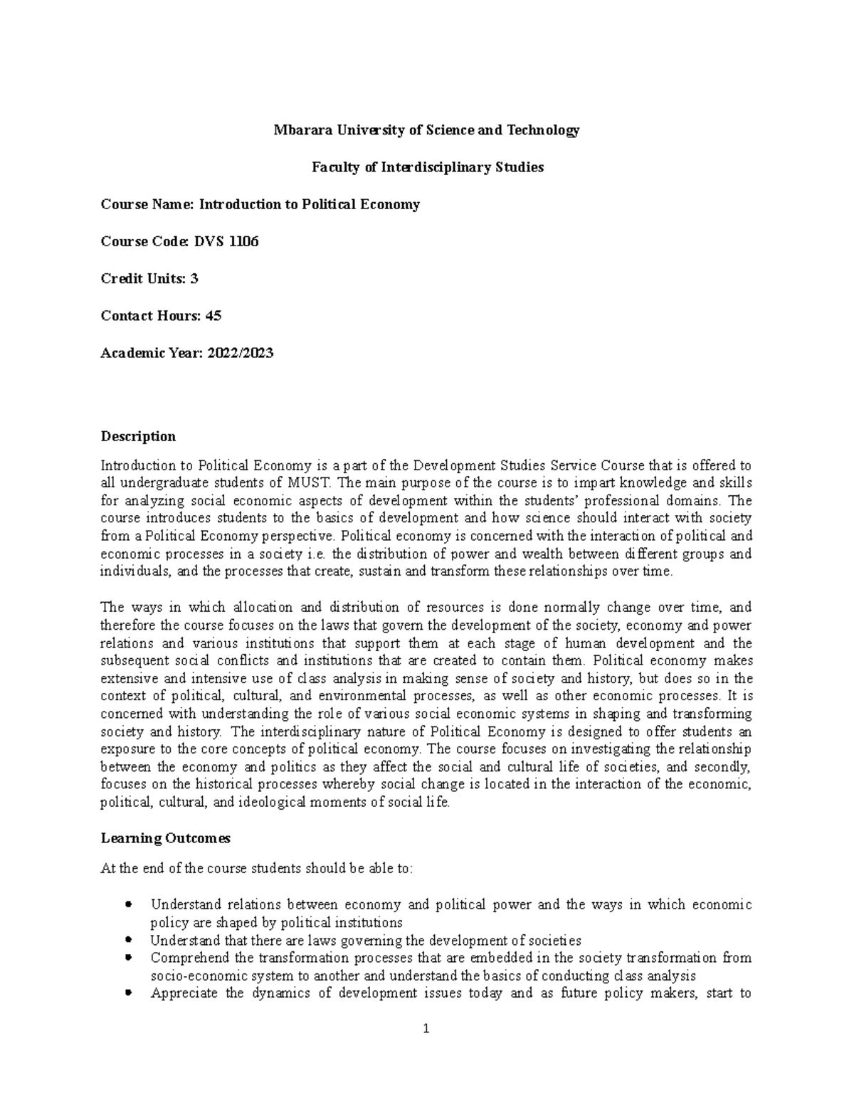 Introduction to Political Economy Course outline - Mbarara University ...