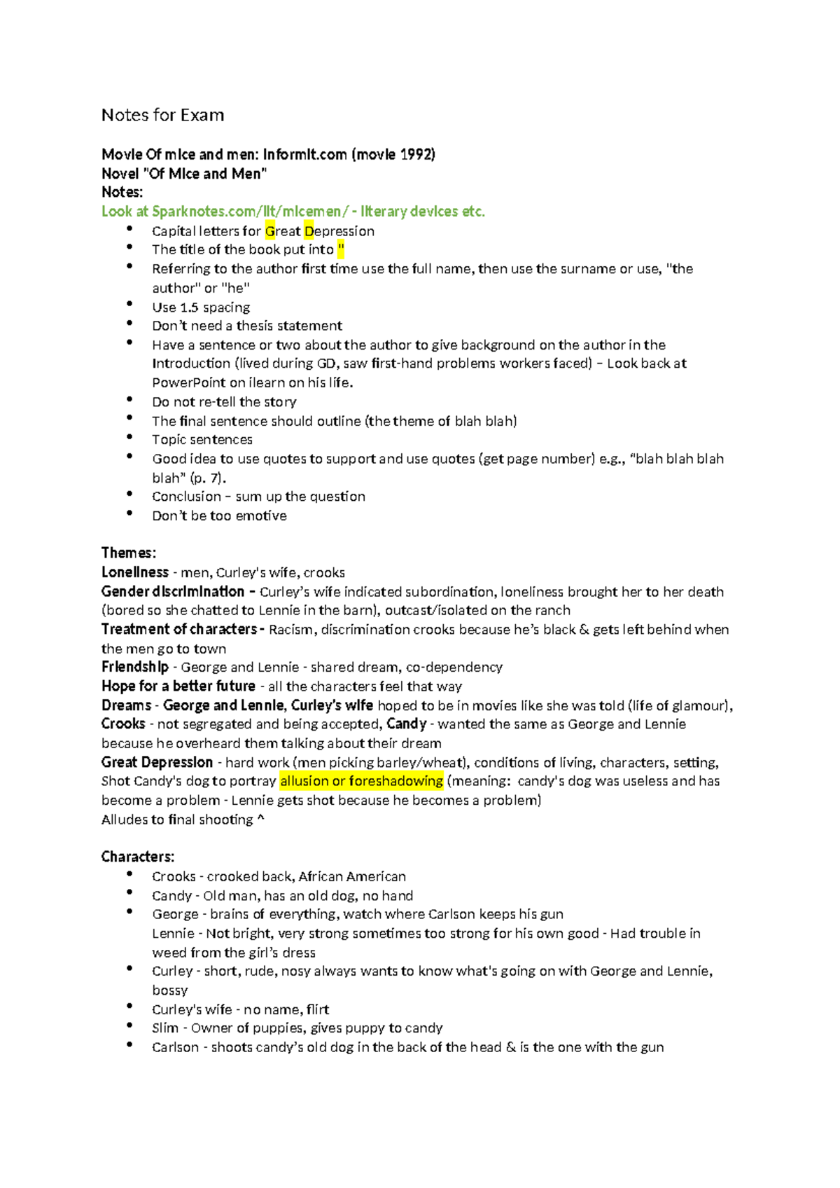 Notes for Novel Exam - Notes for Exam Movie Of mice and men: Informit ...
