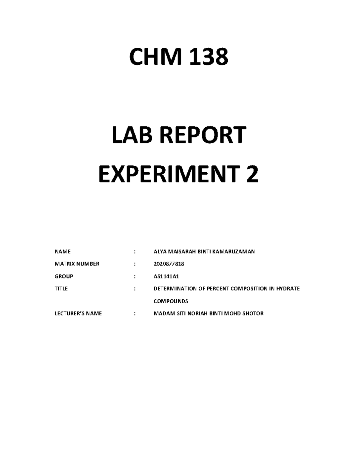 Experiment 2 CHM138: Determination Of Percent Composition In Hydrate ...