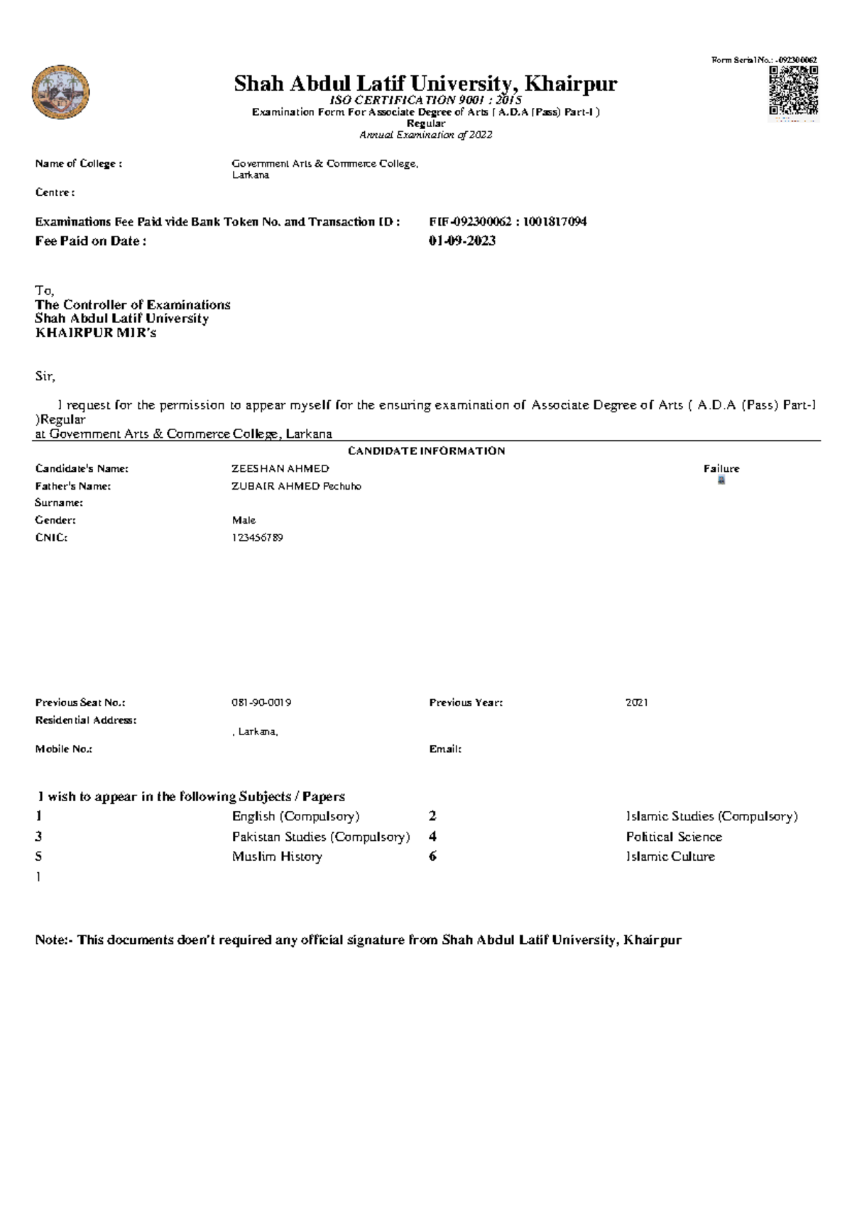 FIF-092300062 Exam Form - Form Serial No.: - Shah Abdul Latif ...