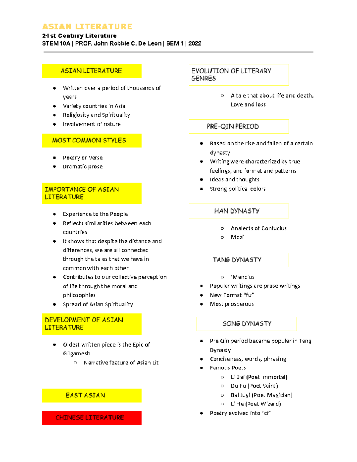 Asian Literature - _____ - 21st Century Literature STEM 10A | PROF ...