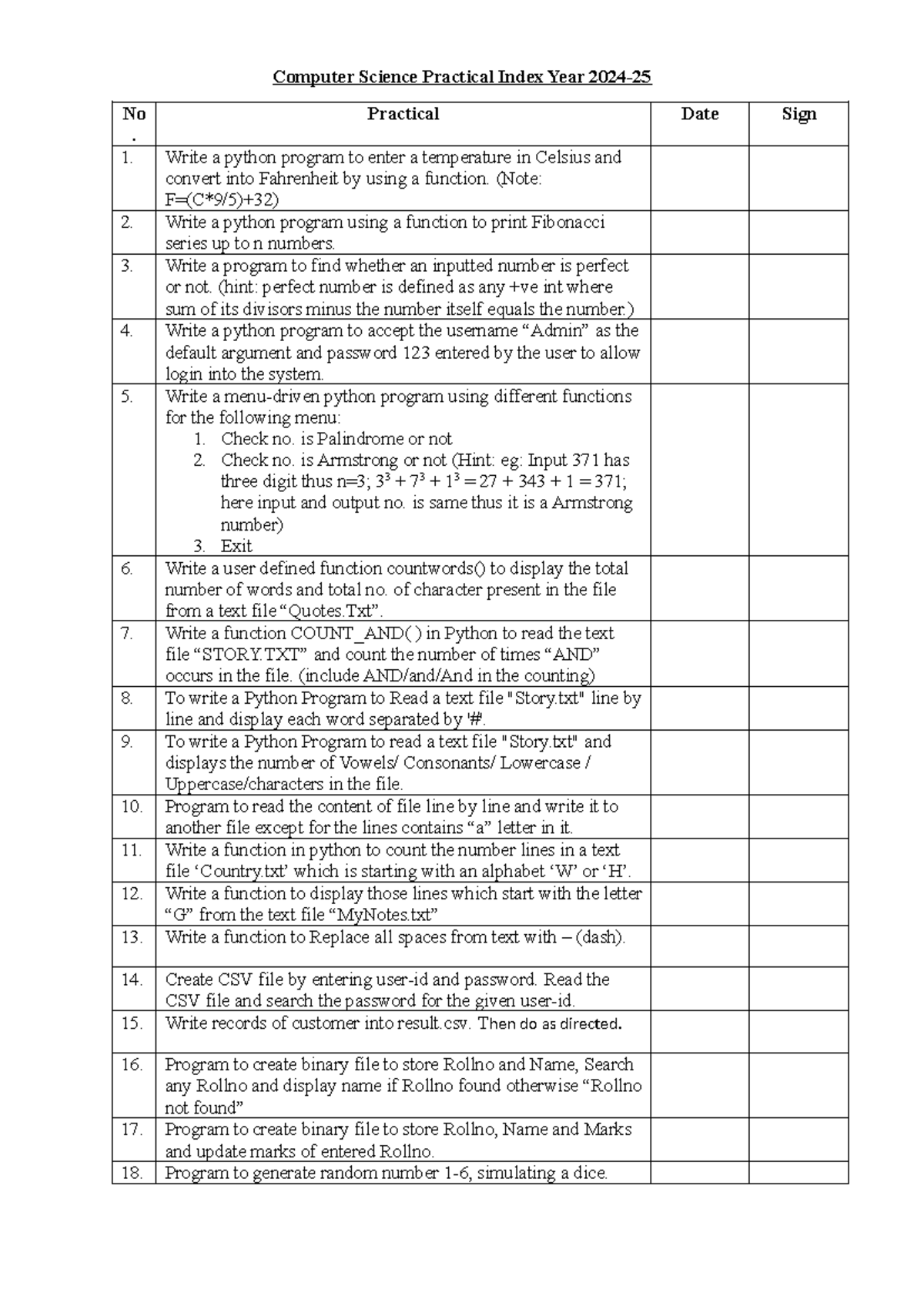 Cs Practical Index Computer Science Practical Index Year 2024 No