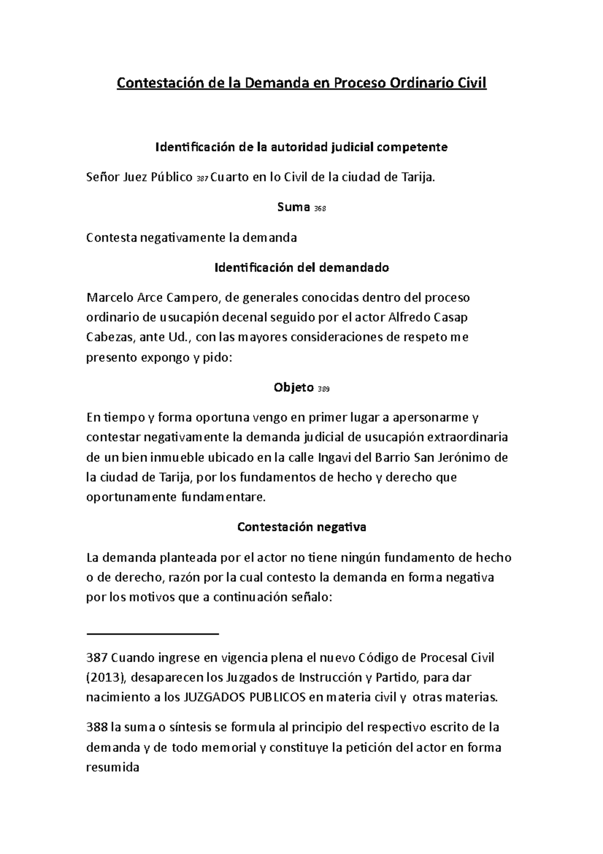 Contestación de la Demanda en Proceso Ordinario Civil - Contestación de ...