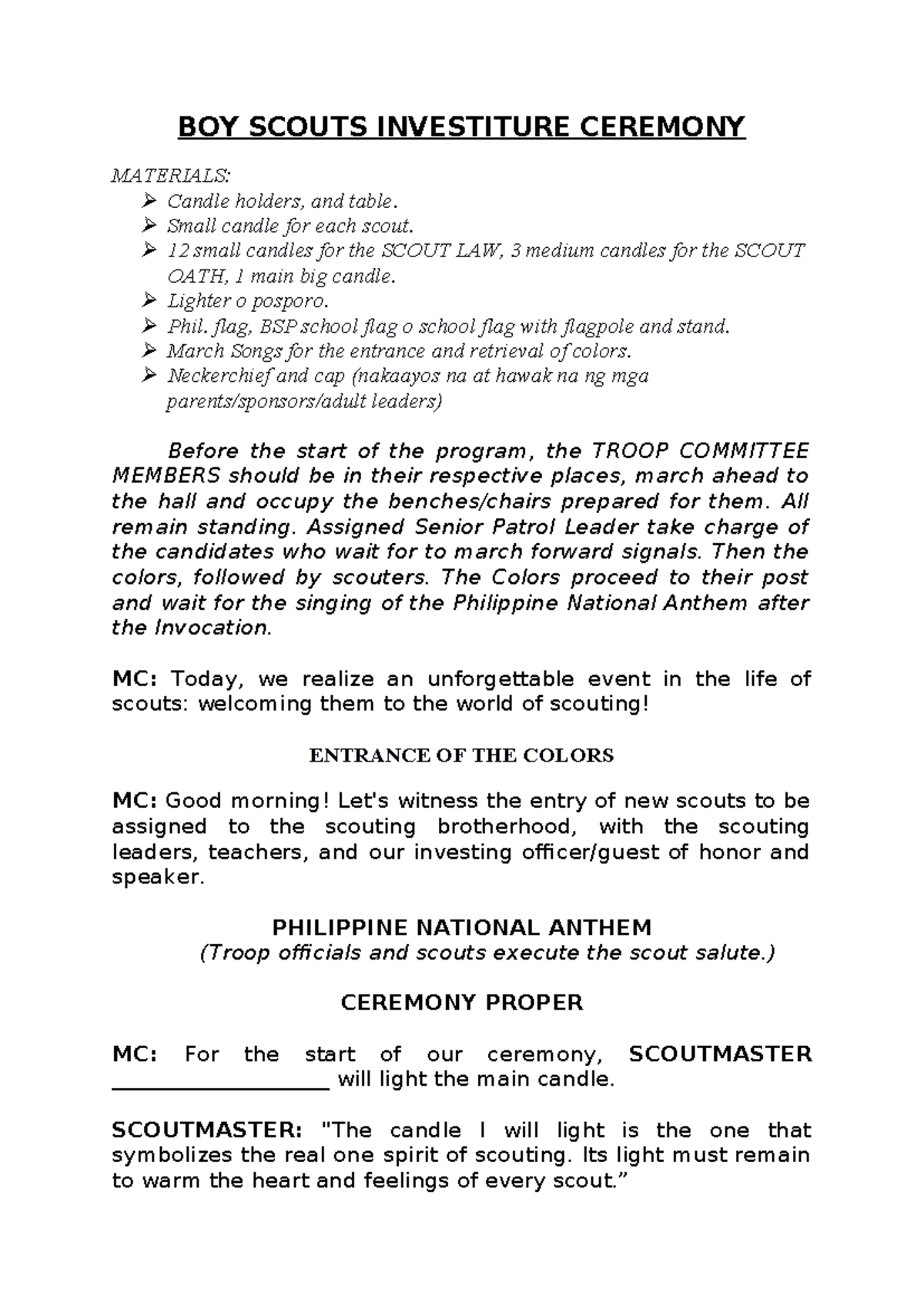 BOY Scouts Investiture Ceremony - BOY SCOUTS INVESTITURE CEREMONY ...