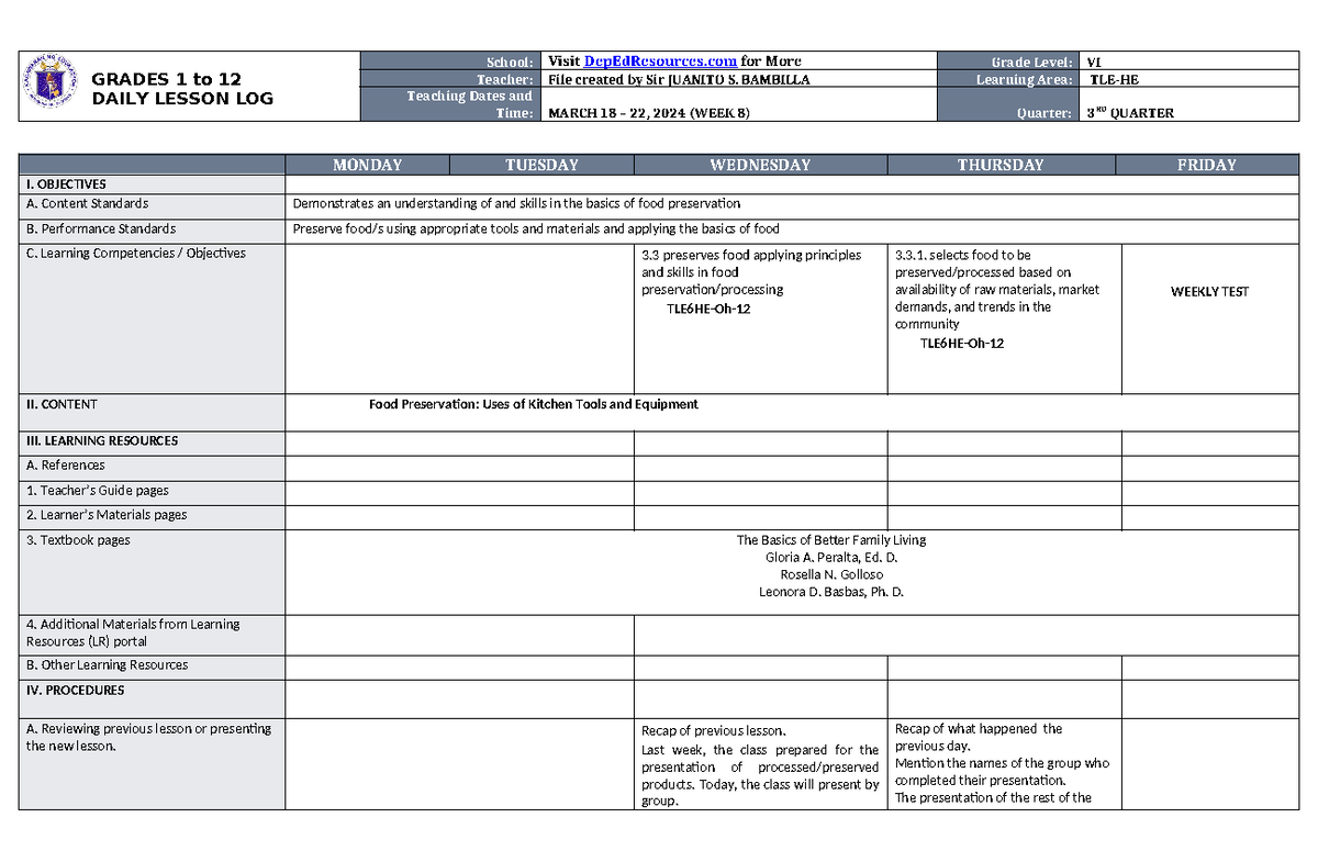 DLL TLE 6 Q3 W8 - GRADES 1 to 12 DAILY LESSON LOG School: Visit DepEdResources for More Grade ...