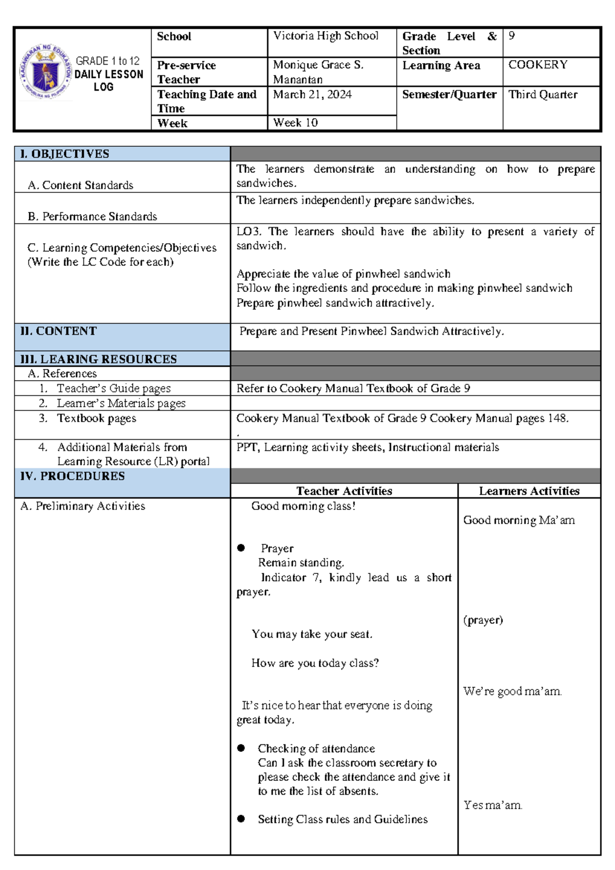 Local DEMO Pinwheel Sandwich - GRADE 1 to 12 DAILY LESSON LOG Section ...