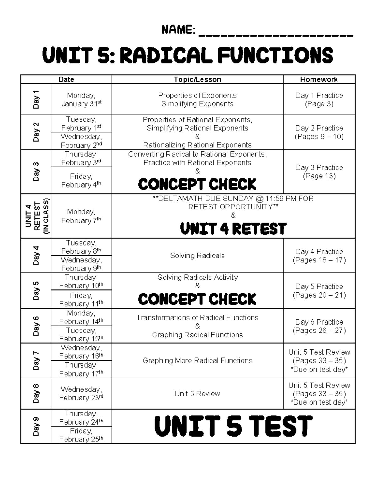 0 - Unit 5 Packet - Pretty Self Explantory - NAME: _____________________ UNIT 5: RADICAL ...