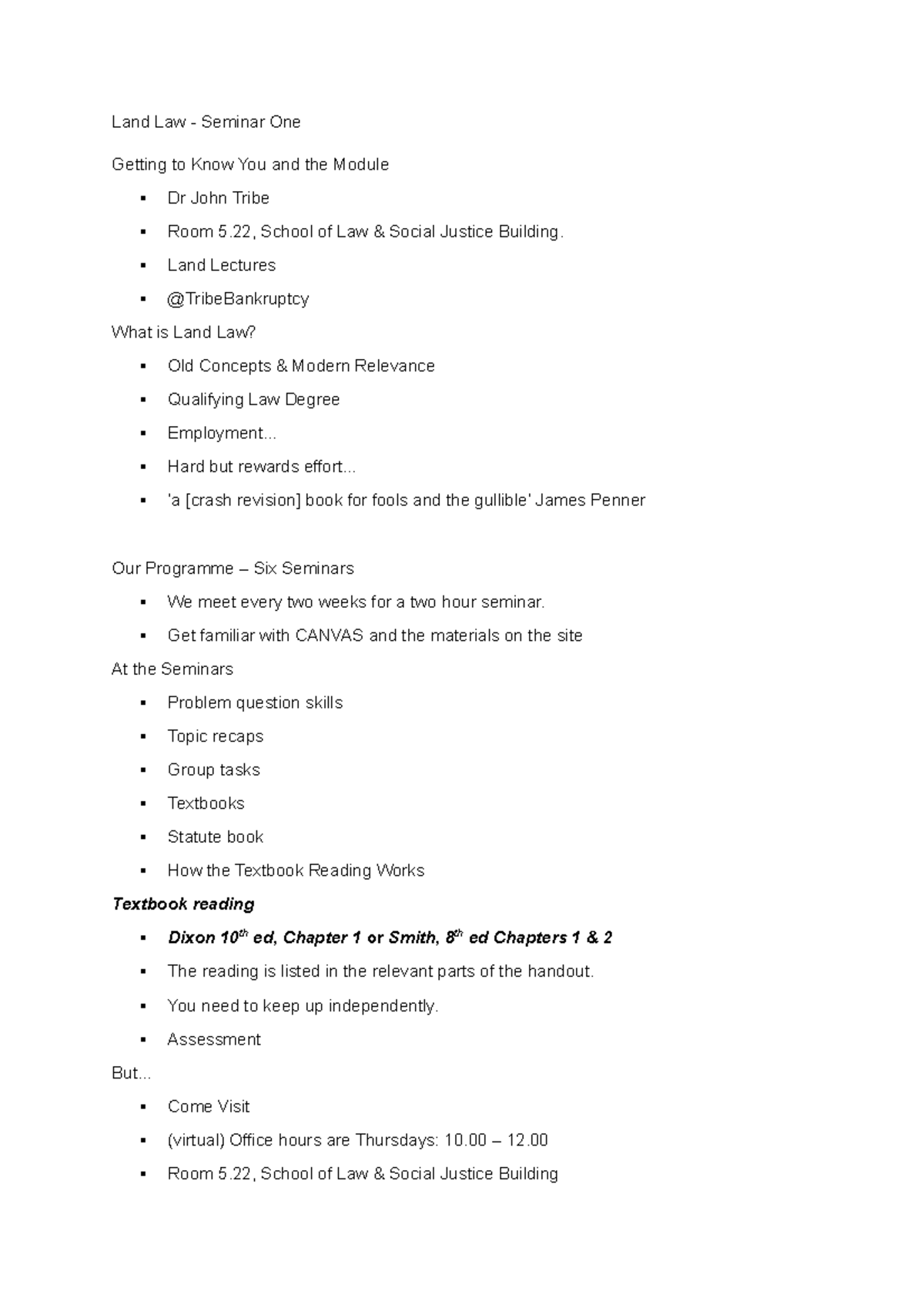 Intro seminar 1 - Land notes - Land Law - Seminar One Getting to Know ...