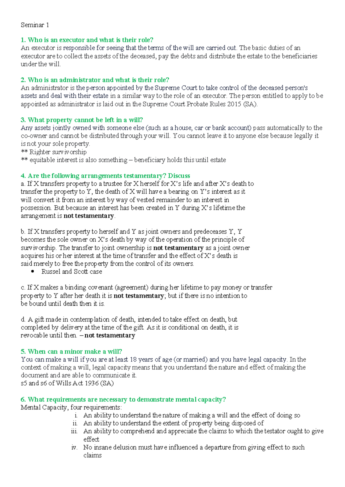 Succession notes - slay - Seminar 1 1. Who is an executor and what is ...