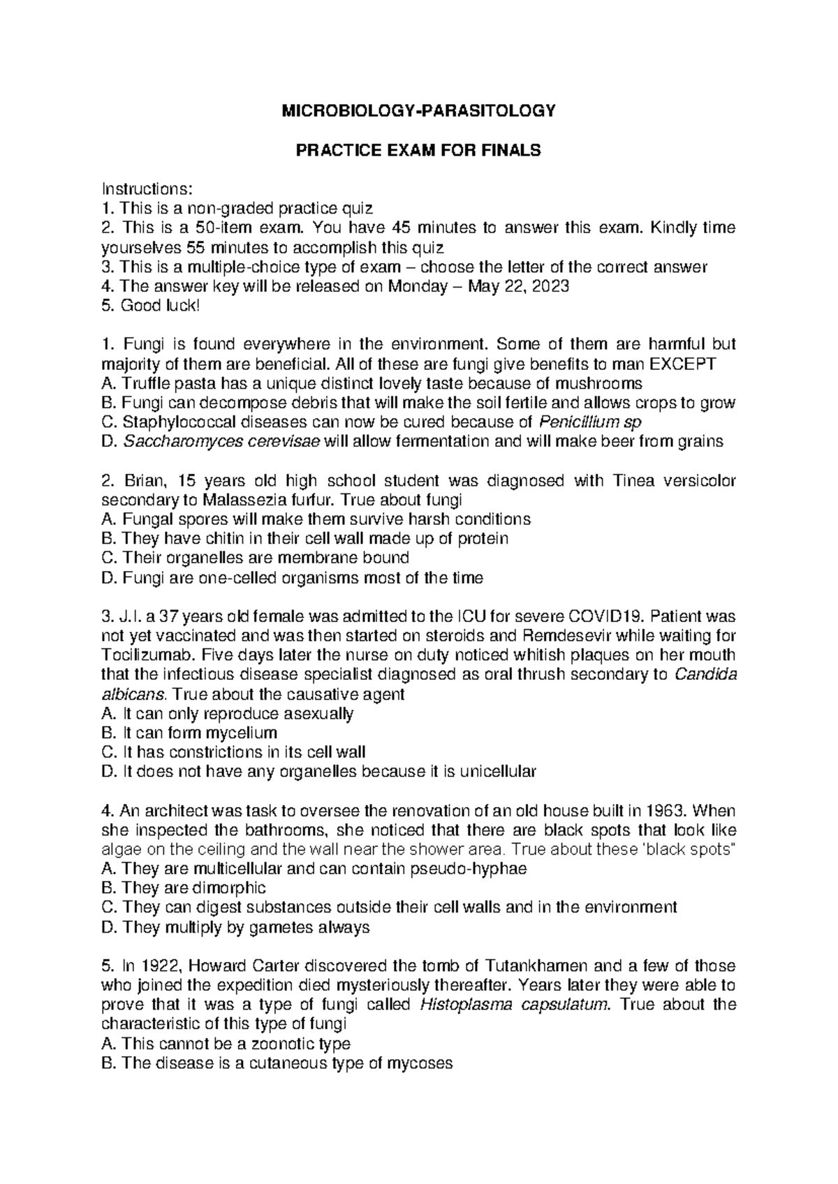 Practice-QUIZ- Finals - MICROBIOLOGY-PARASITOLOGY PRACTICE EXAM FOR ...