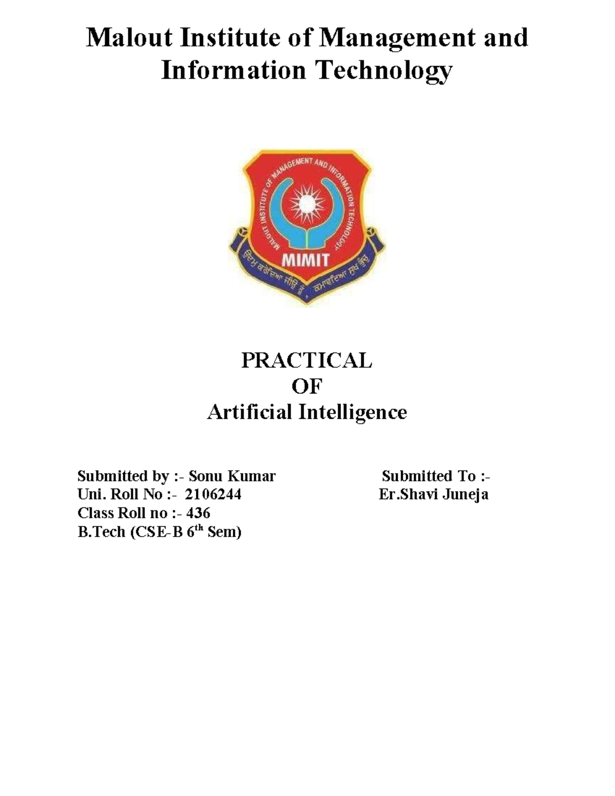 AI practical file - Artificial Intelligence - Malout Institute of Management and Information ...