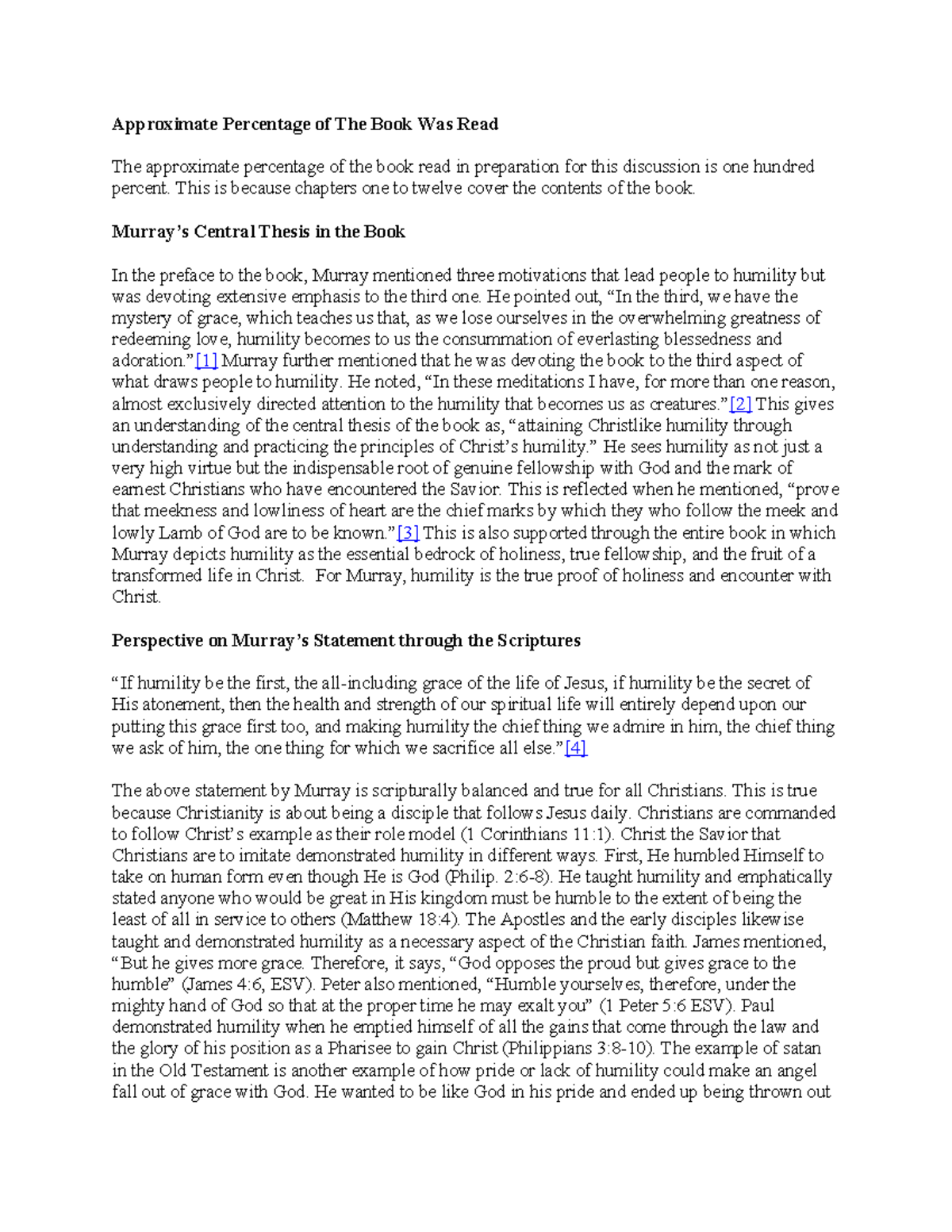 WEEK 1 Humility - Approximate Percentage of The Book Was Read The ...