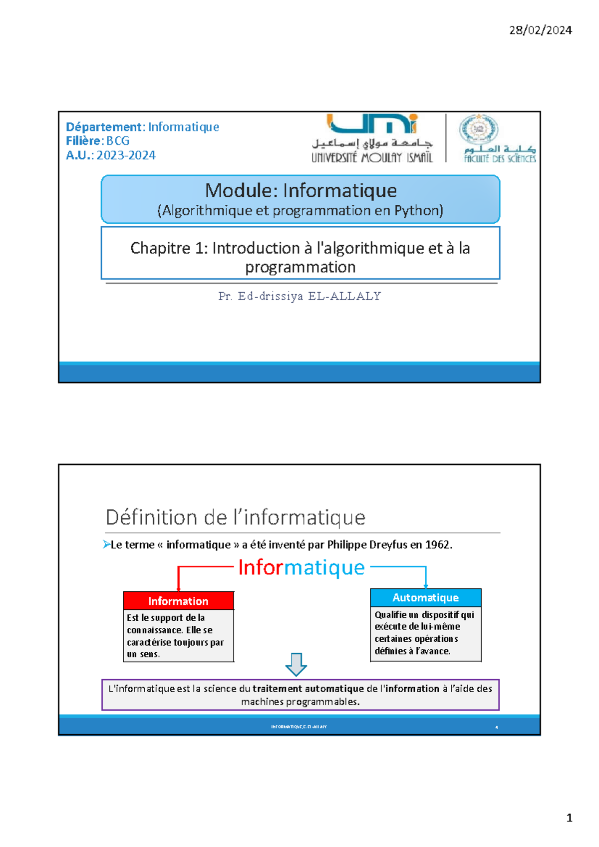 Chapitre 1 Introduction à Lalgorithmique Et à La Programmation Chapitre 1 Introduction à