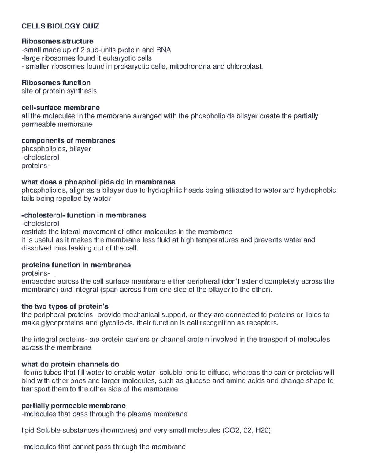 Cells Biology QUIZ - CELLS BIOLOGY QUIZ Ribosomes structure -small made ...