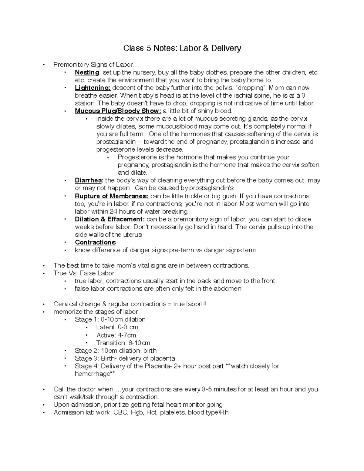 Class 5 notes - Labor & Delivery lecture note. - Class 5 Notes: Labor ...