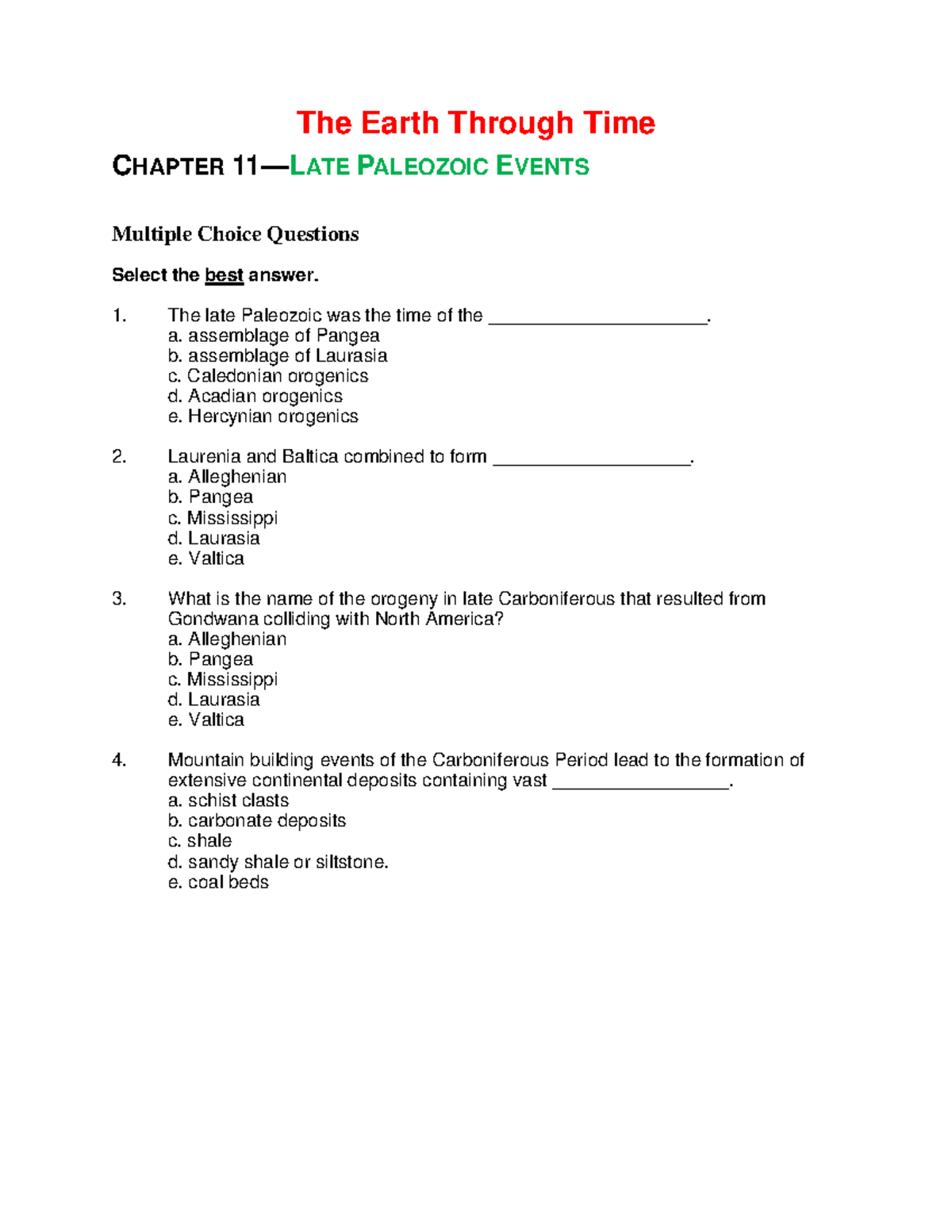 Ch11 Late Paleozoic Events Test - The Earth Through Time CHAPTER 11 ...